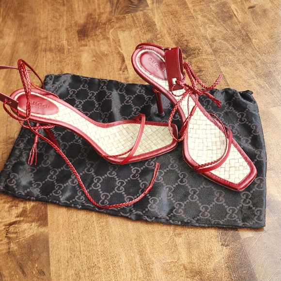 Gucci | Shoes | Gucci Red Braided Leather Braided Ankle Strap Sandals ...
